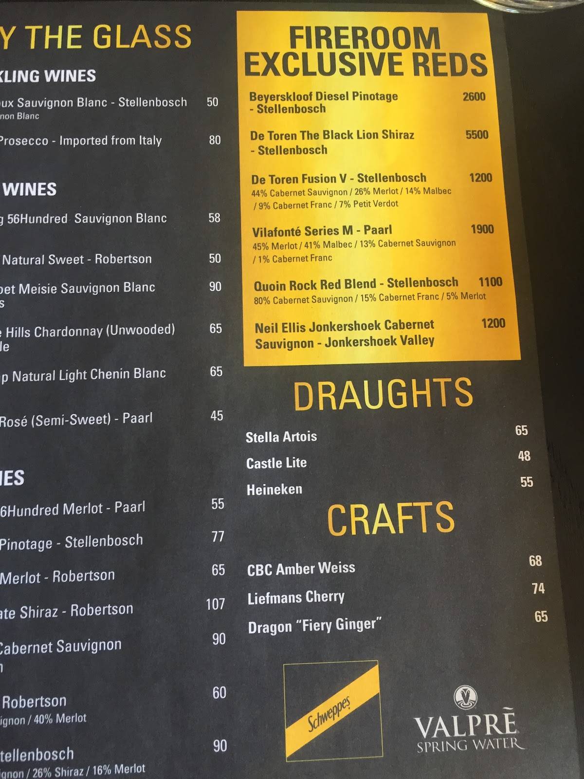 Menu at Fireroom Castle Gate restaurant, Pretoria