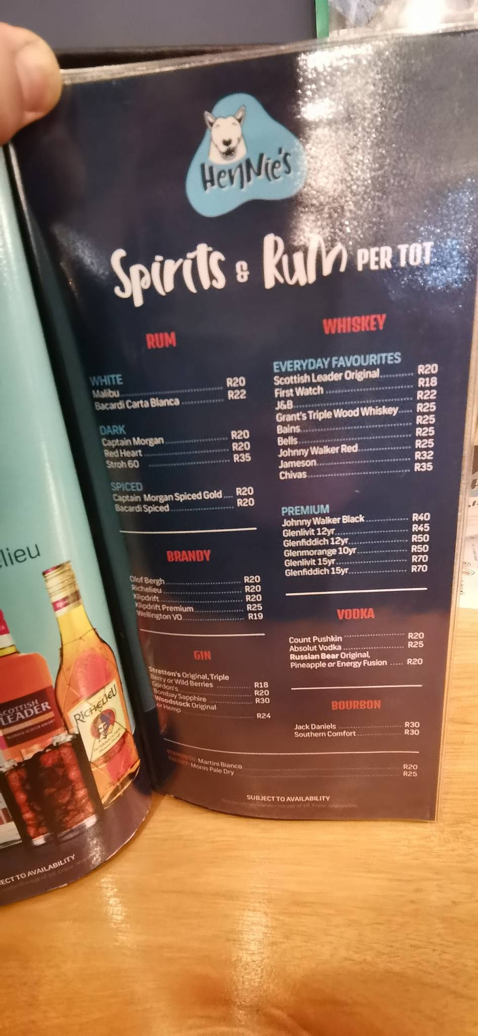 Menu at Hennie's Montana Restaurant, Pretoria