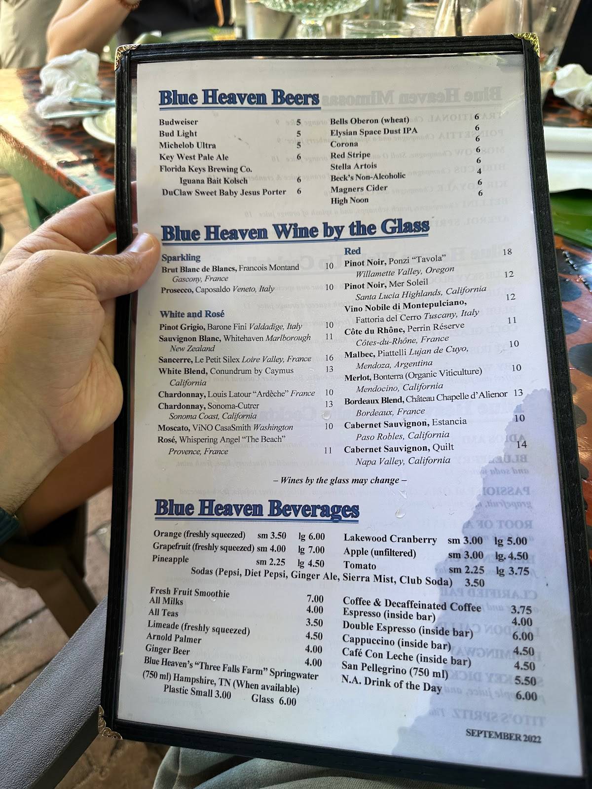 Menu at Blue Heaven restaurant, Key West