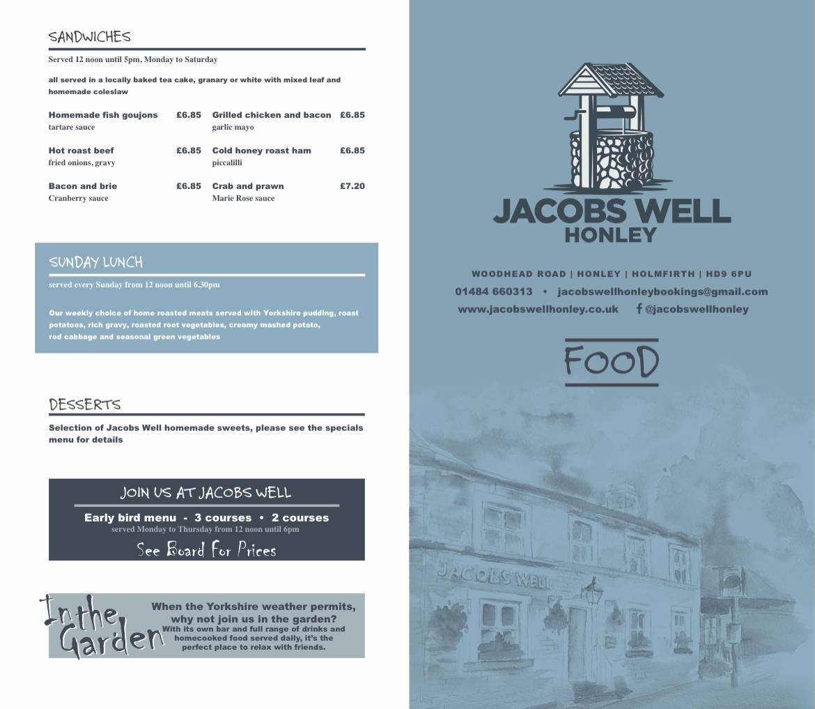Menu at Jacobs Well pub & bar, Holmfirth, 16 Woodhead Rd