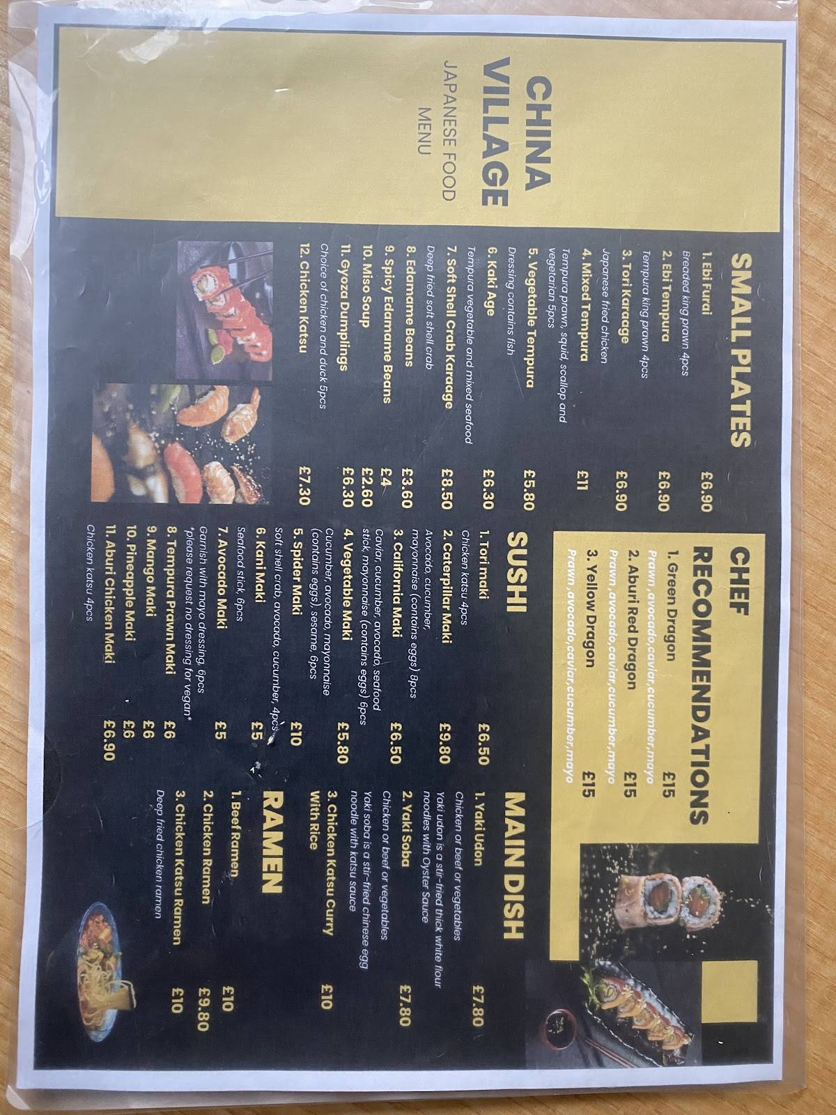 Menu at China Village restaurant, Faversham