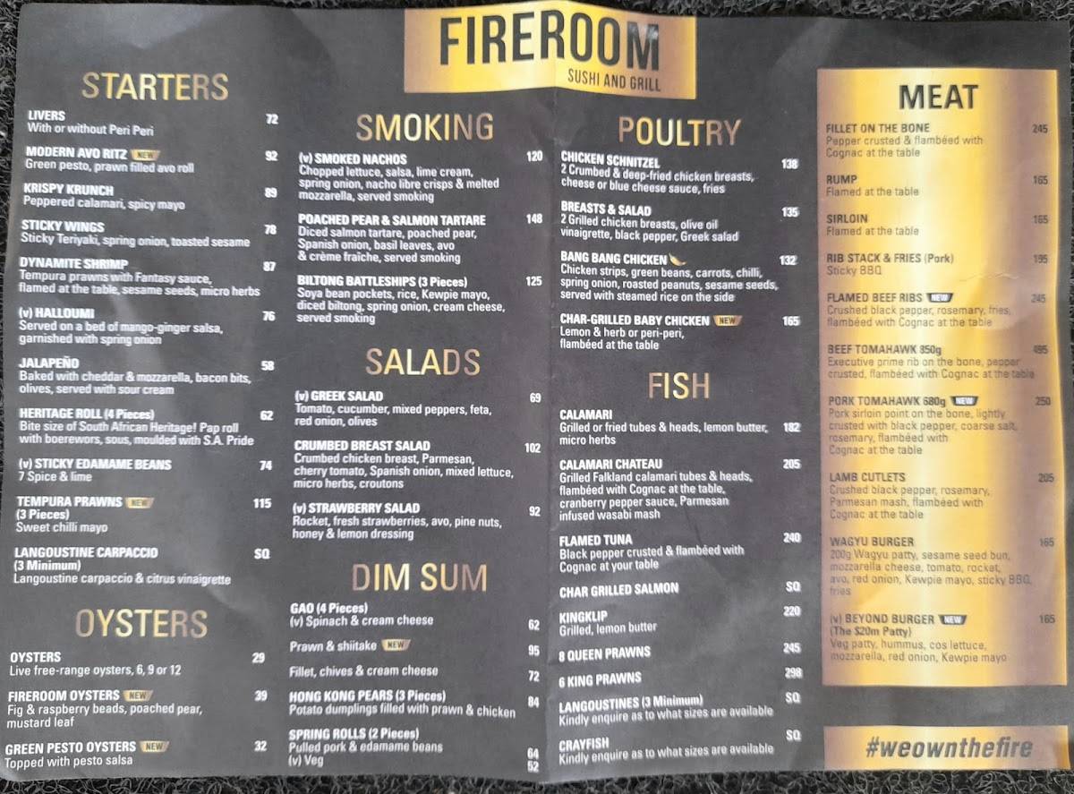 Menu at Fireroom Castle Gate restaurant, Pretoria