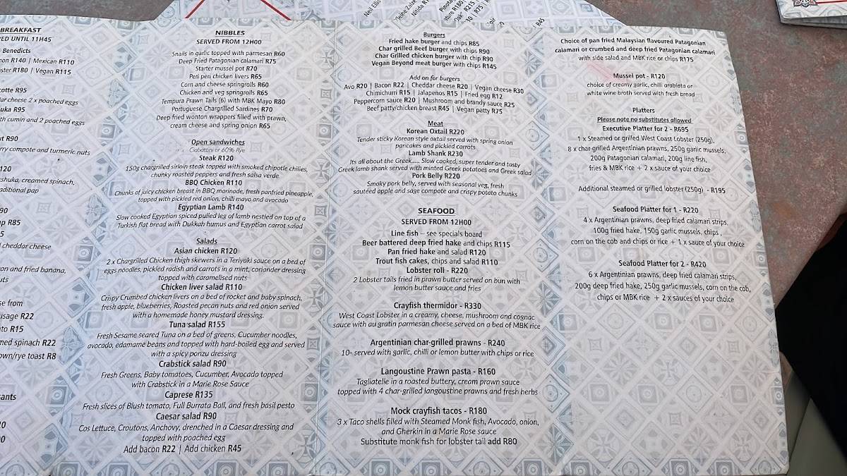 Menu at The Melkbos Kitchen restaurant, Cape Town