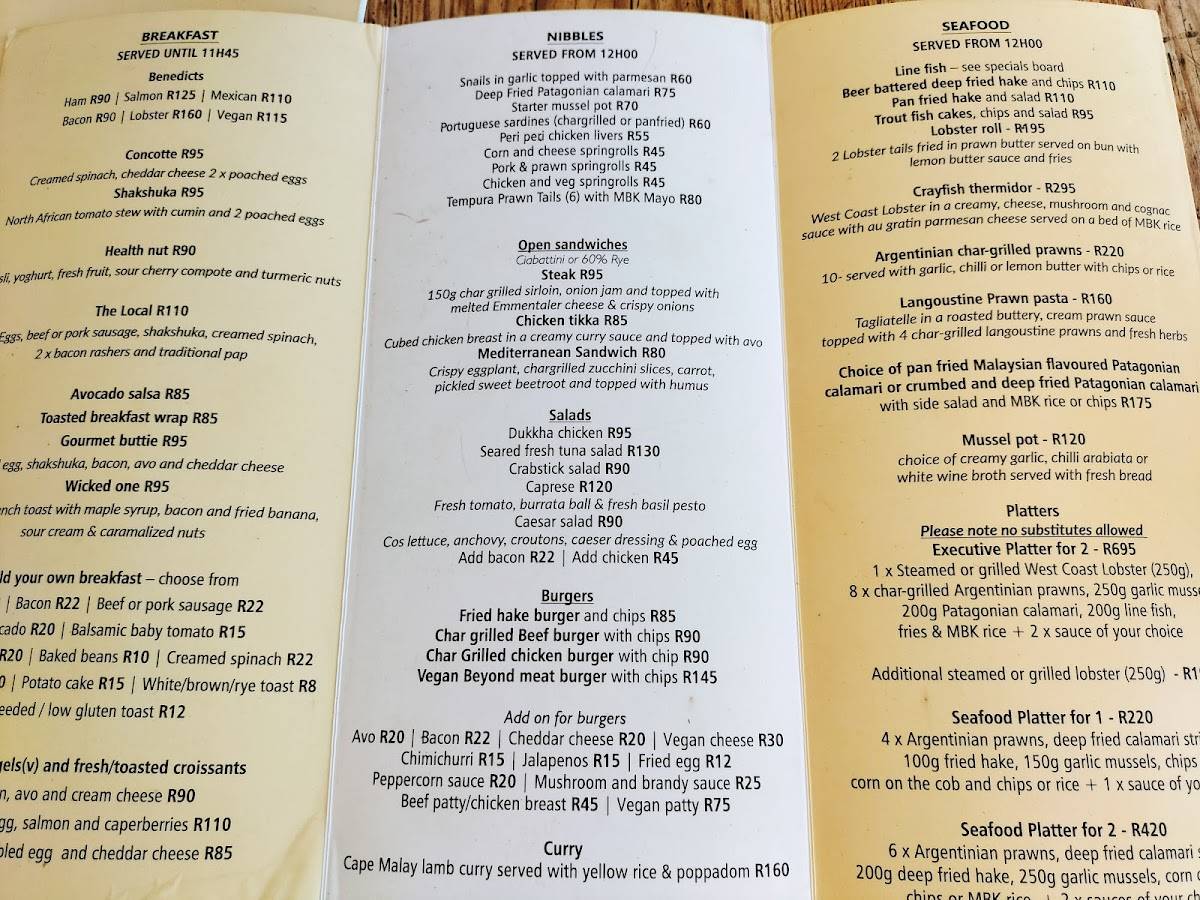 Menu at The Melkbos Kitchen restaurant, Cape Town