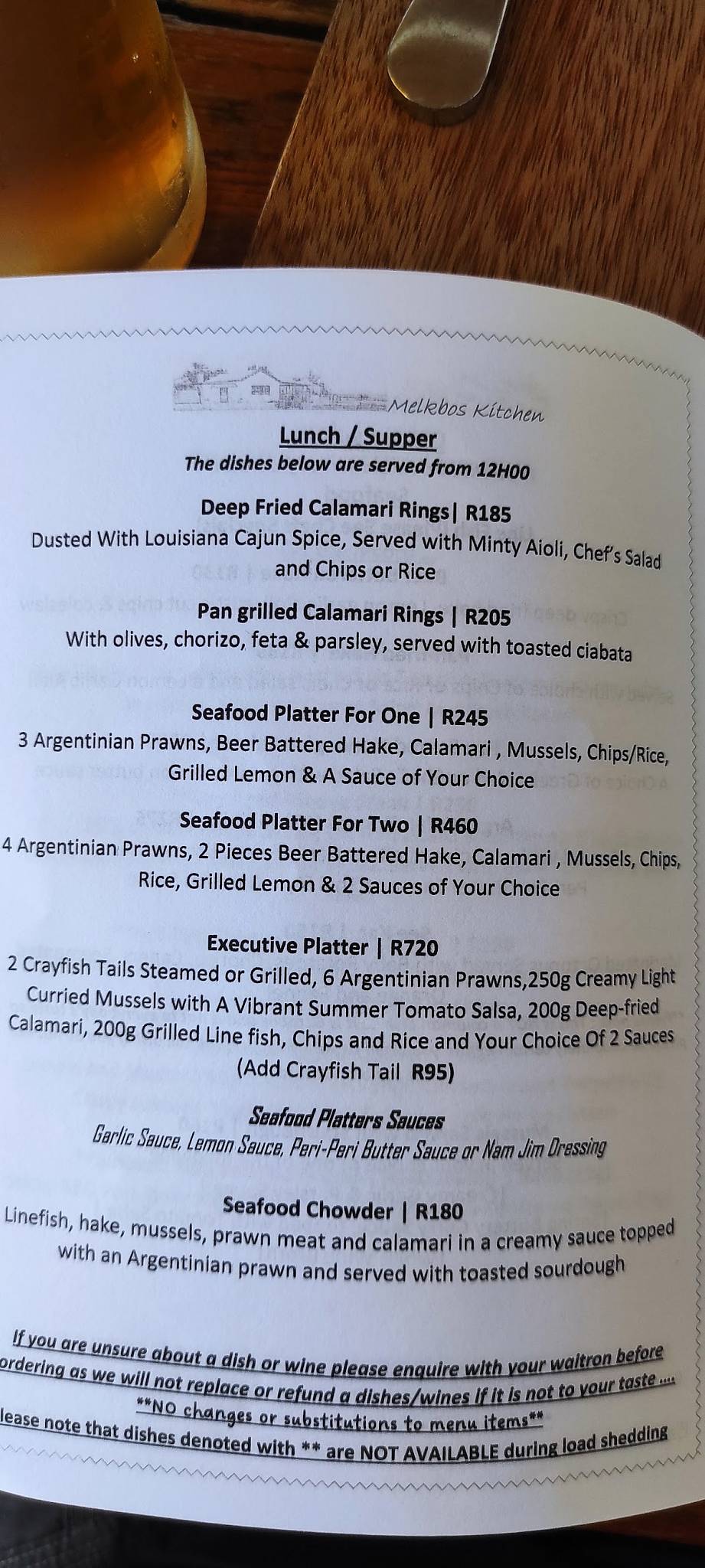 Menu at The Melkbos Kitchen restaurant, Cape Town