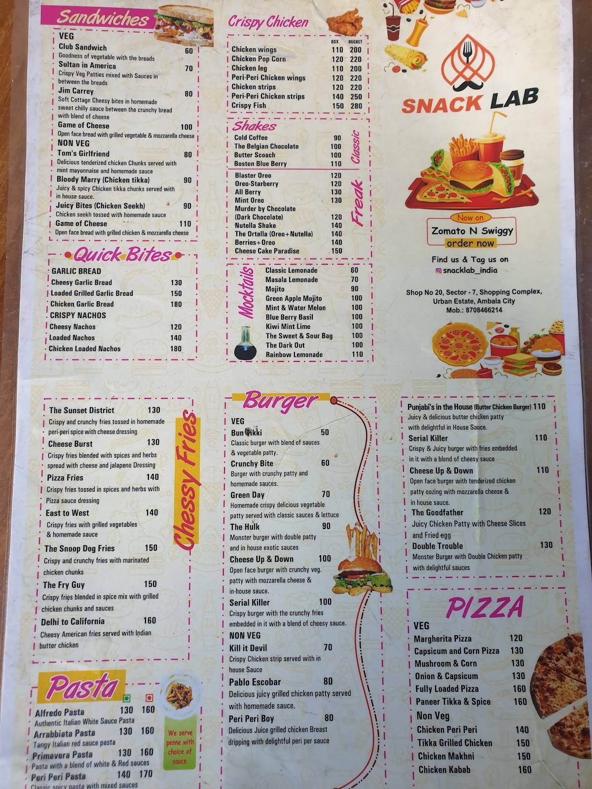 Menu at Snack lab, Ambala