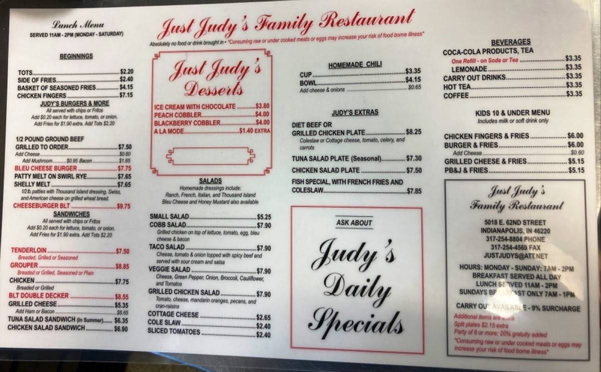 Menu at Just Judy's Restaurant, Indianapolis, E 62nd St