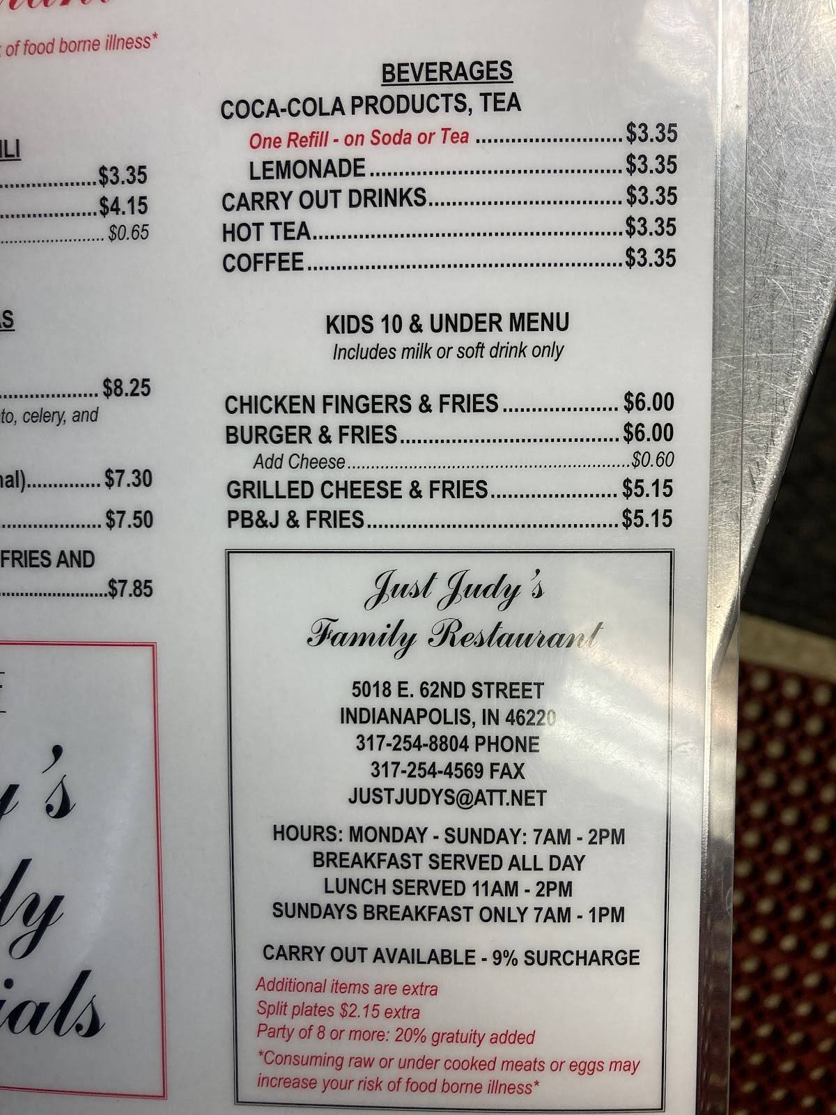 Menu at Just Judy's Restaurant, Indianapolis, E 62nd St
