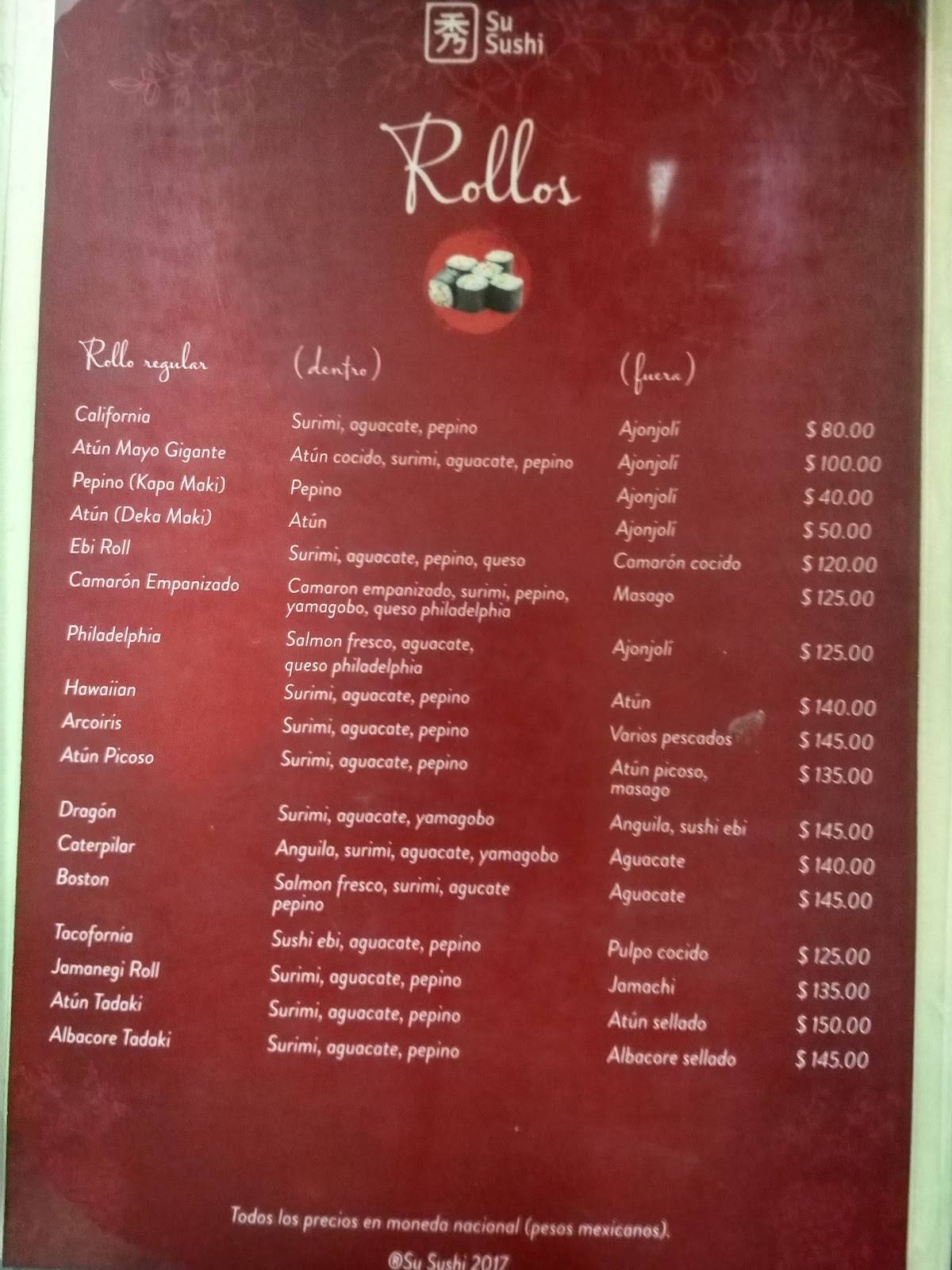 Carta del restaurante Su Sushi, Mexicali, Calz. Cuauhtémoc 1398-Int. 3 B