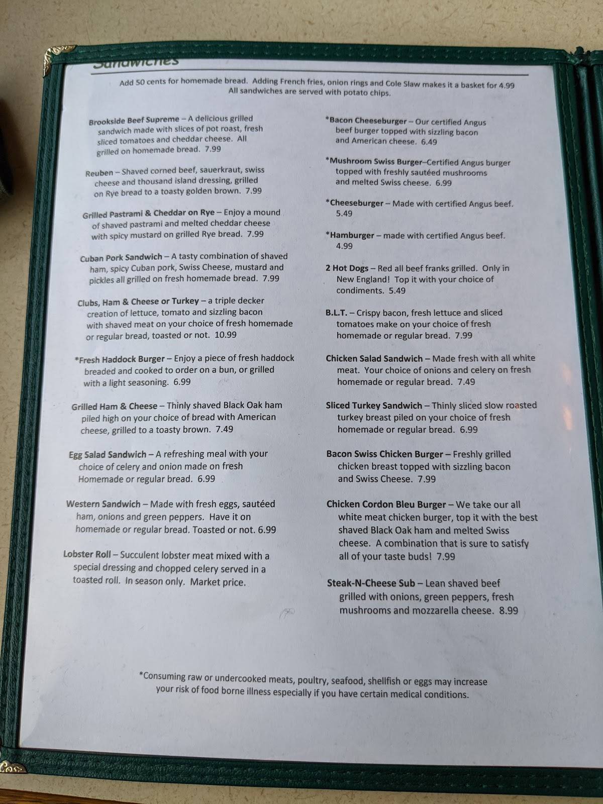 Menu at The Brookside Inn restaurant, Smyrna