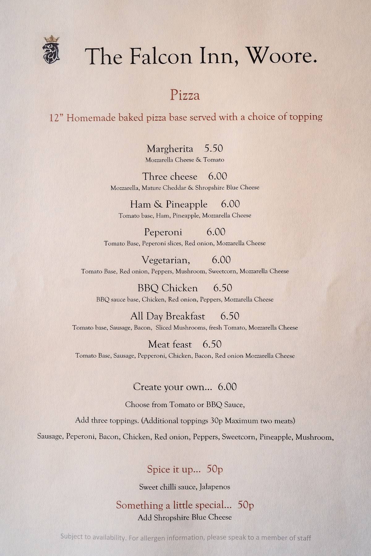 Menu at The Falcon Inn Woore pub & bar, Woore