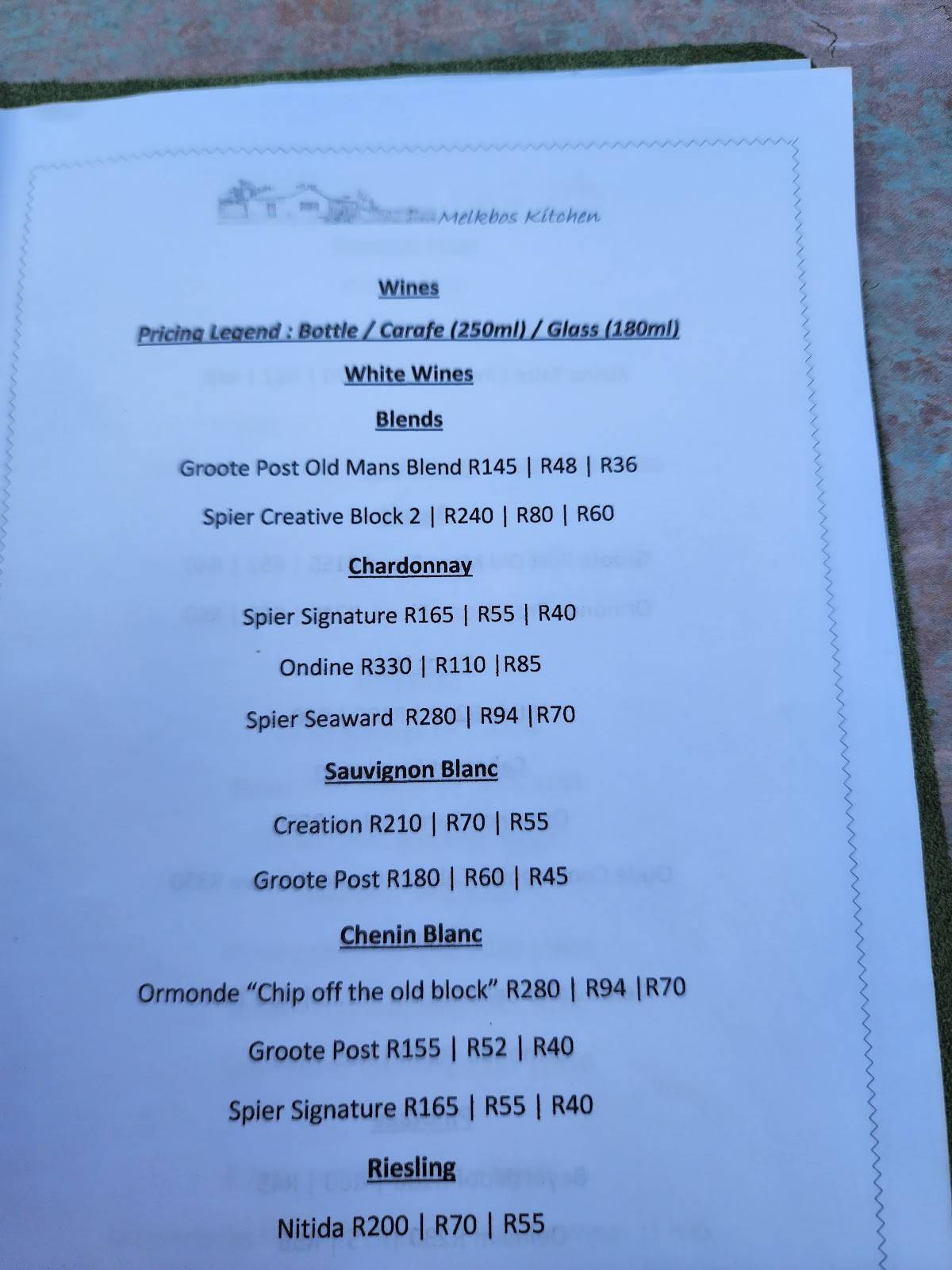 Menu at The Melkbos Kitchen restaurant, Cape Town