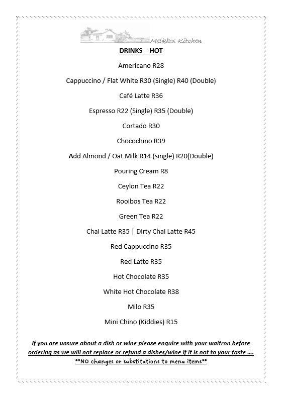 Menu at The Melkbos Kitchen restaurant, Cape Town