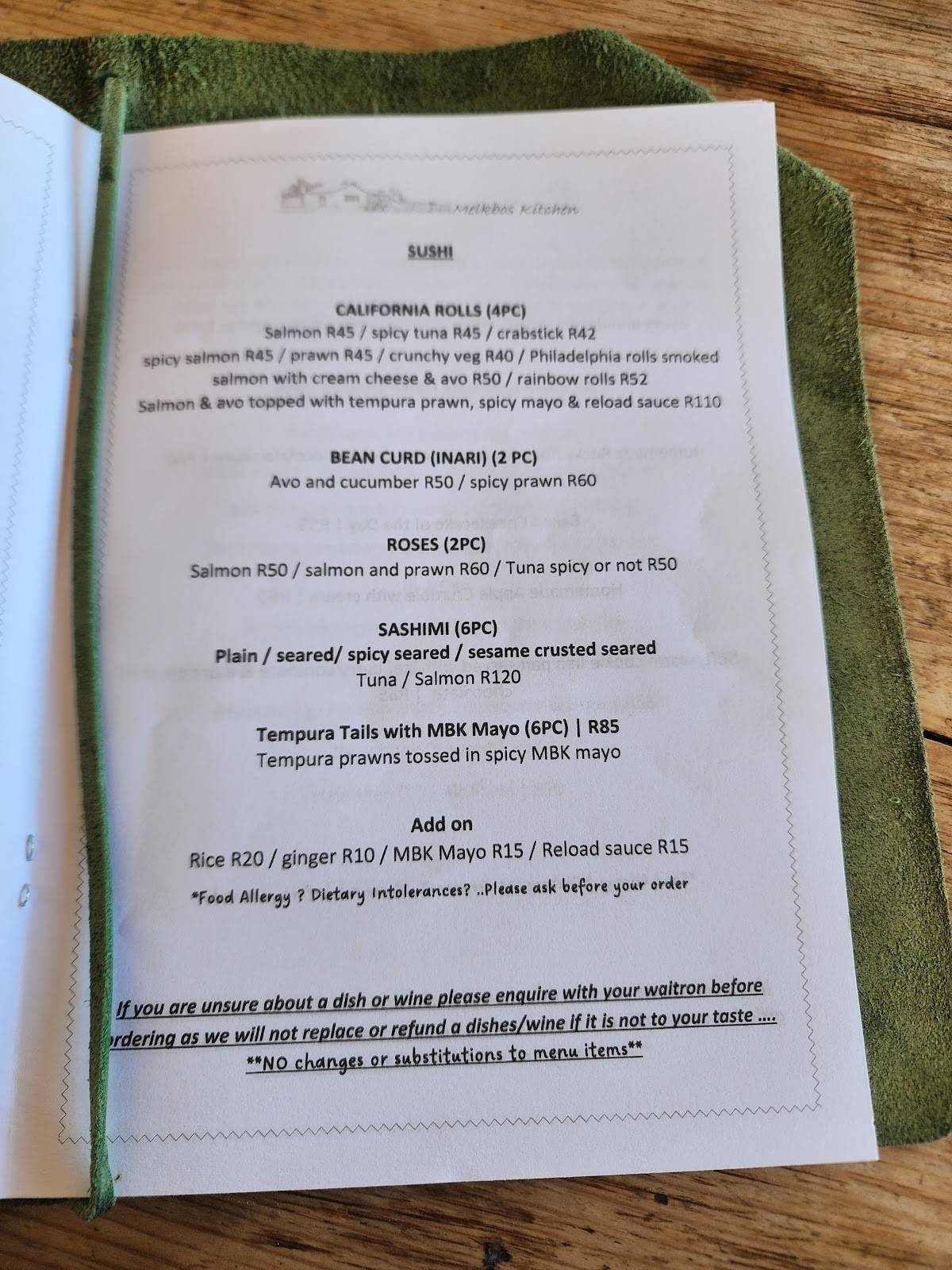 Menu at The Melkbos Kitchen restaurant, Cape Town