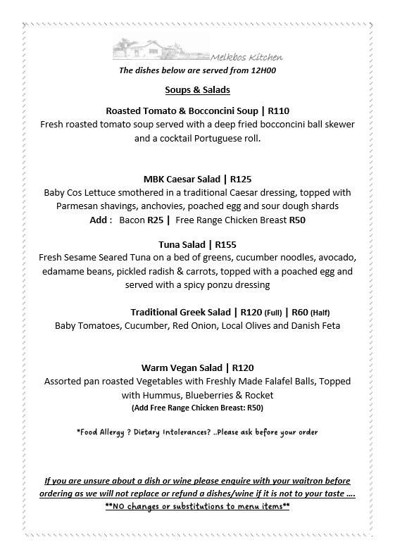 Menu at The Melkbos Kitchen restaurant, Cape Town