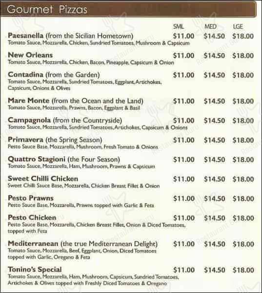 Menu at Tonino's Penshurst Pizzeria, Penshurst