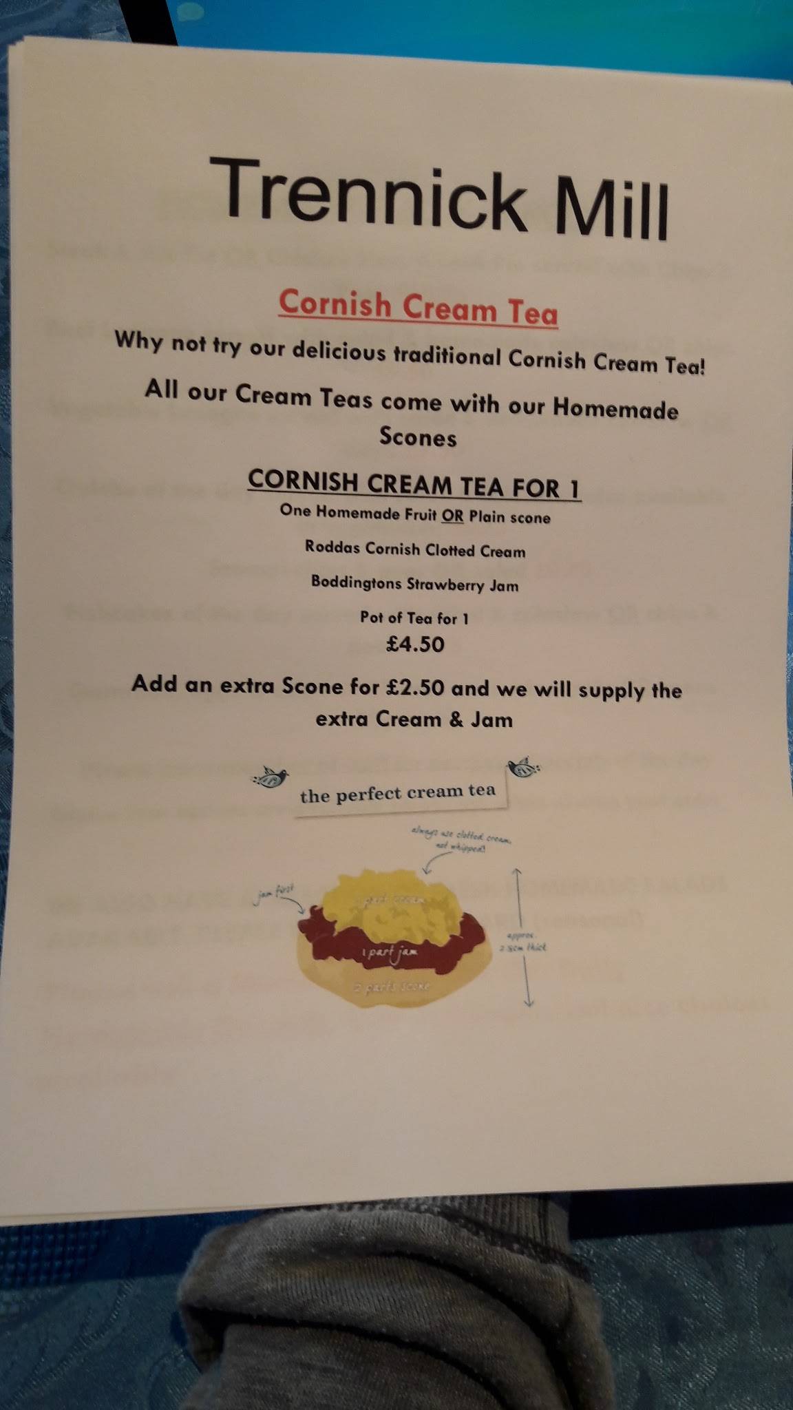 Menu at Trennick Mill restaurant, Truro