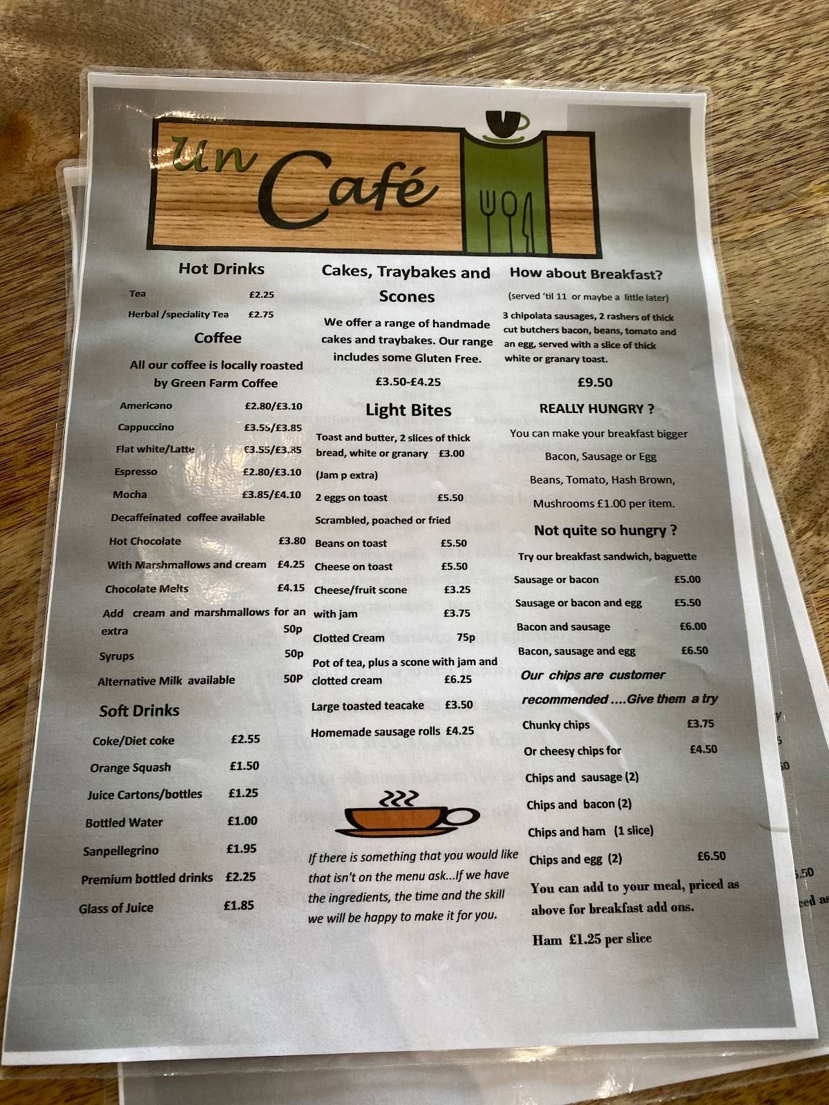 Menu at Un Cafe, Norwich, N Walsham Rd