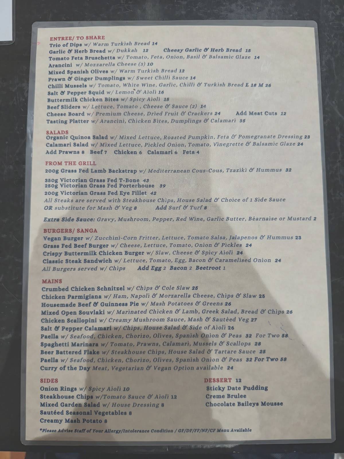 Menu at Steam Packet Hotel restaurant, Williamstown