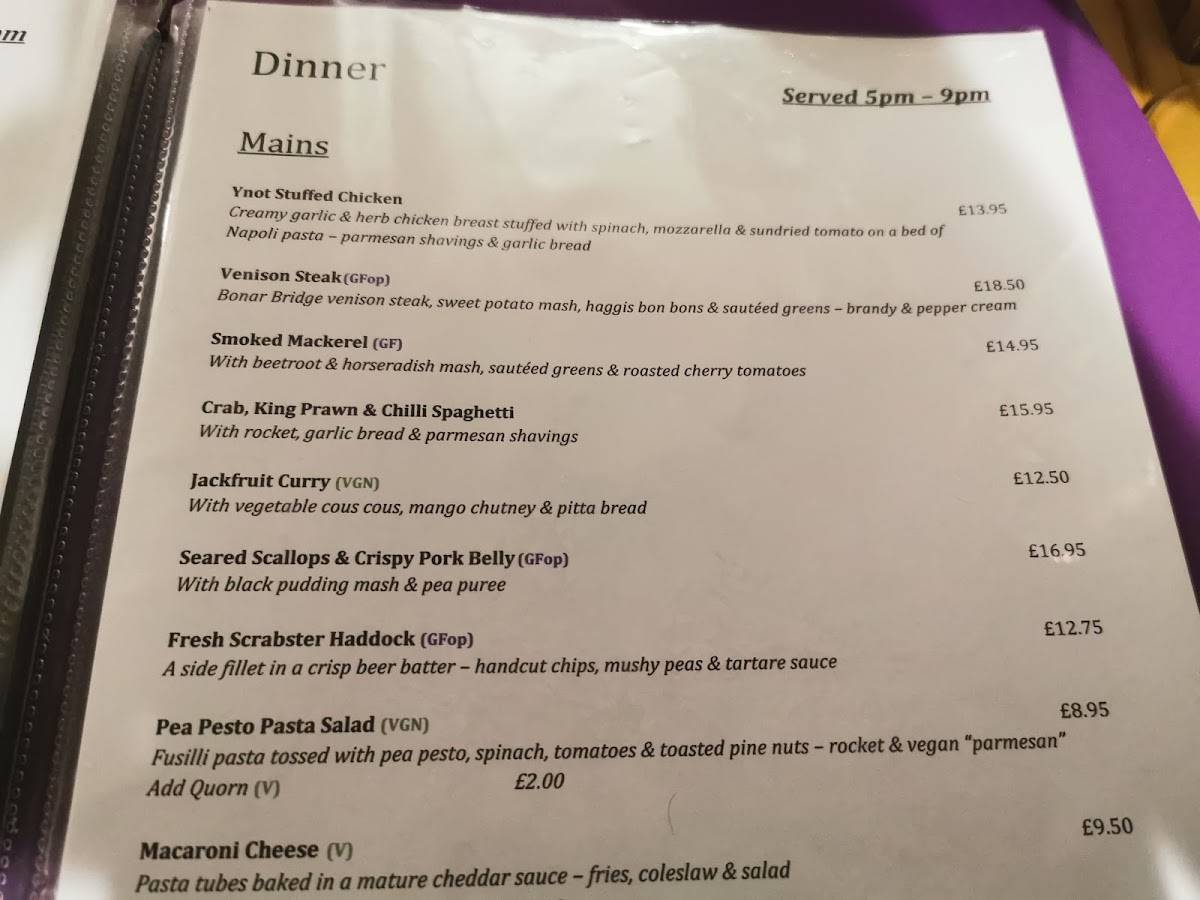 Menu at Y Not Bar & Grill, Thurso