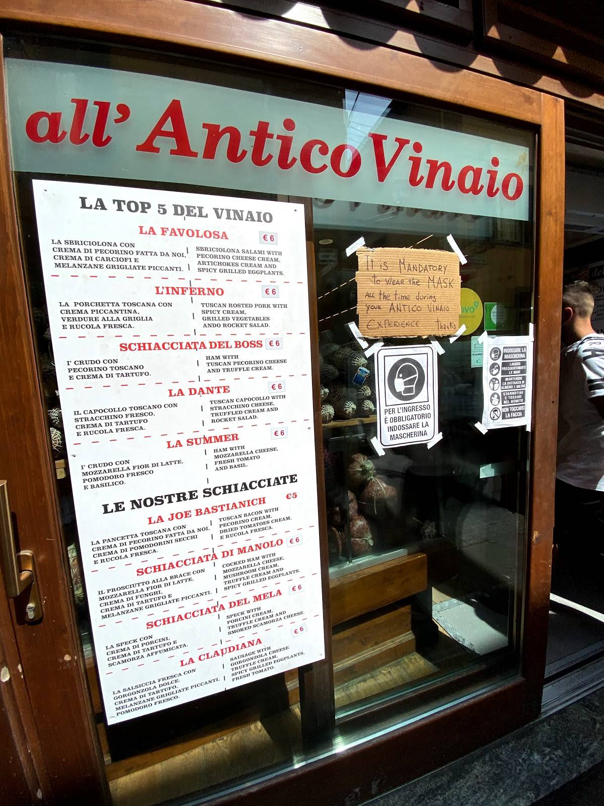 Carta del café All’Antico Vinaio, Florencia