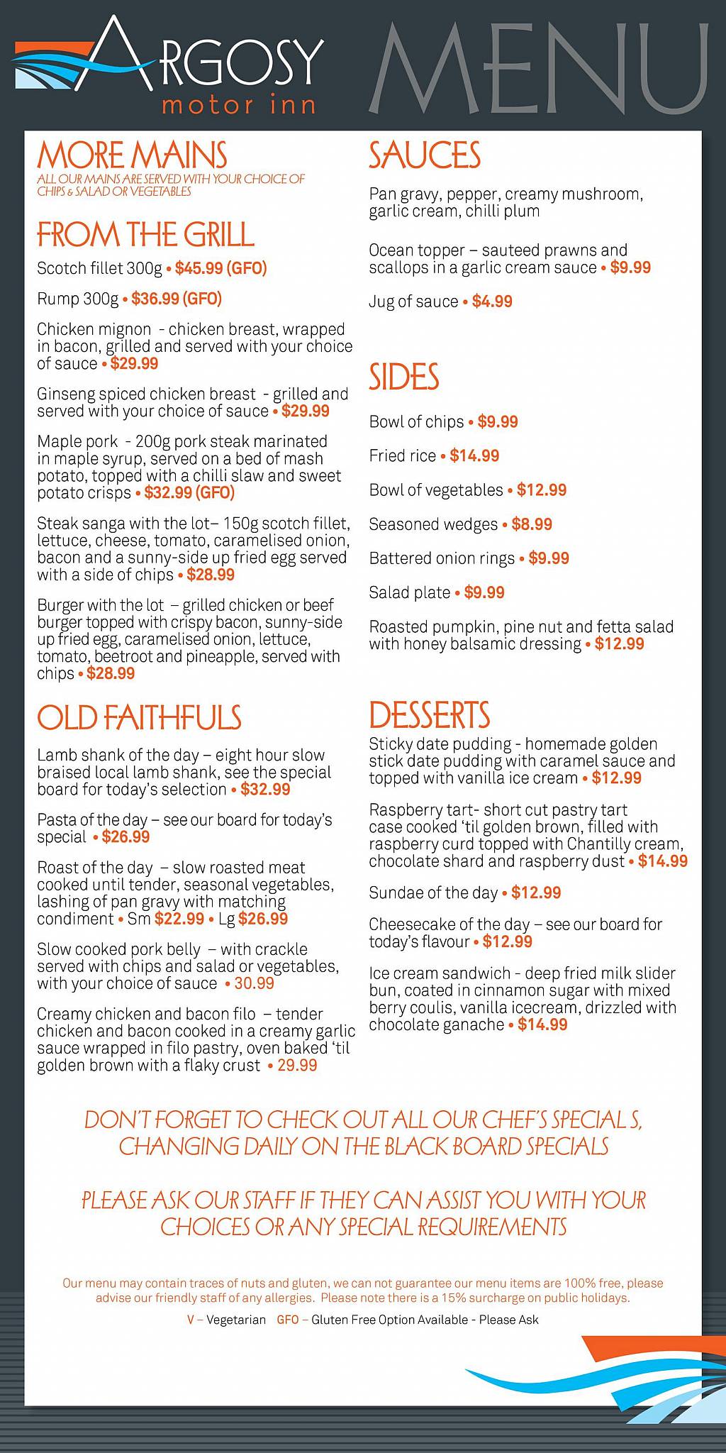 Menu at Bistro @ Argosy Motor Inn restaurant, East Devonport