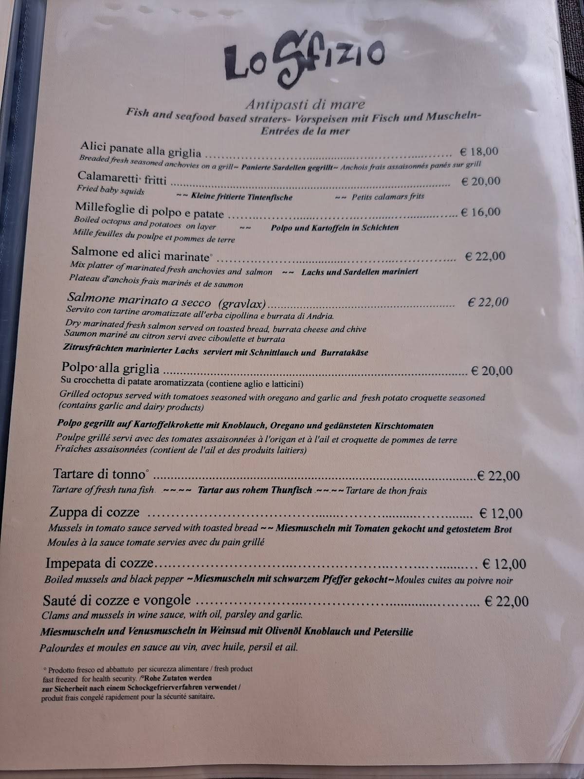 Menu at Lo Sfizio pizzeria, Capri