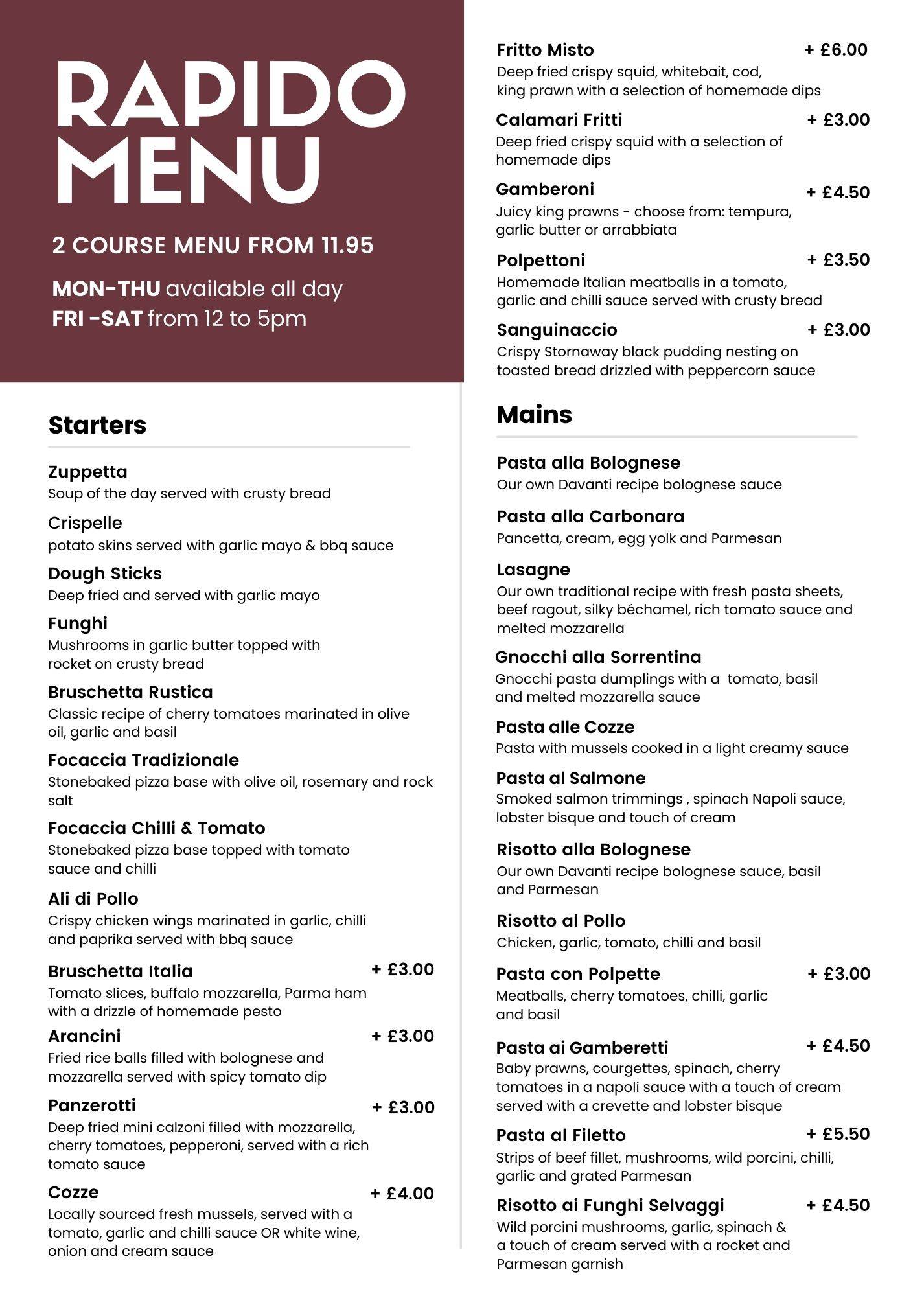 Menu at Davanti Whitley Lodge restaurant, Whitley Bay