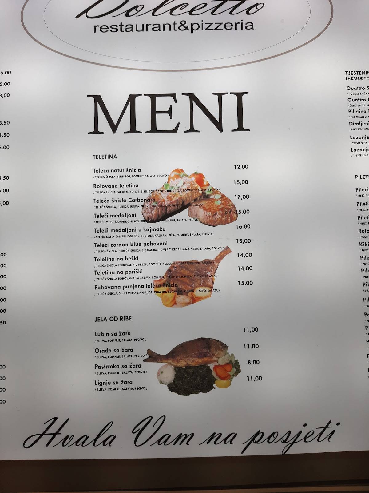 Menu at Dolcetto restaurant, Vogošća
