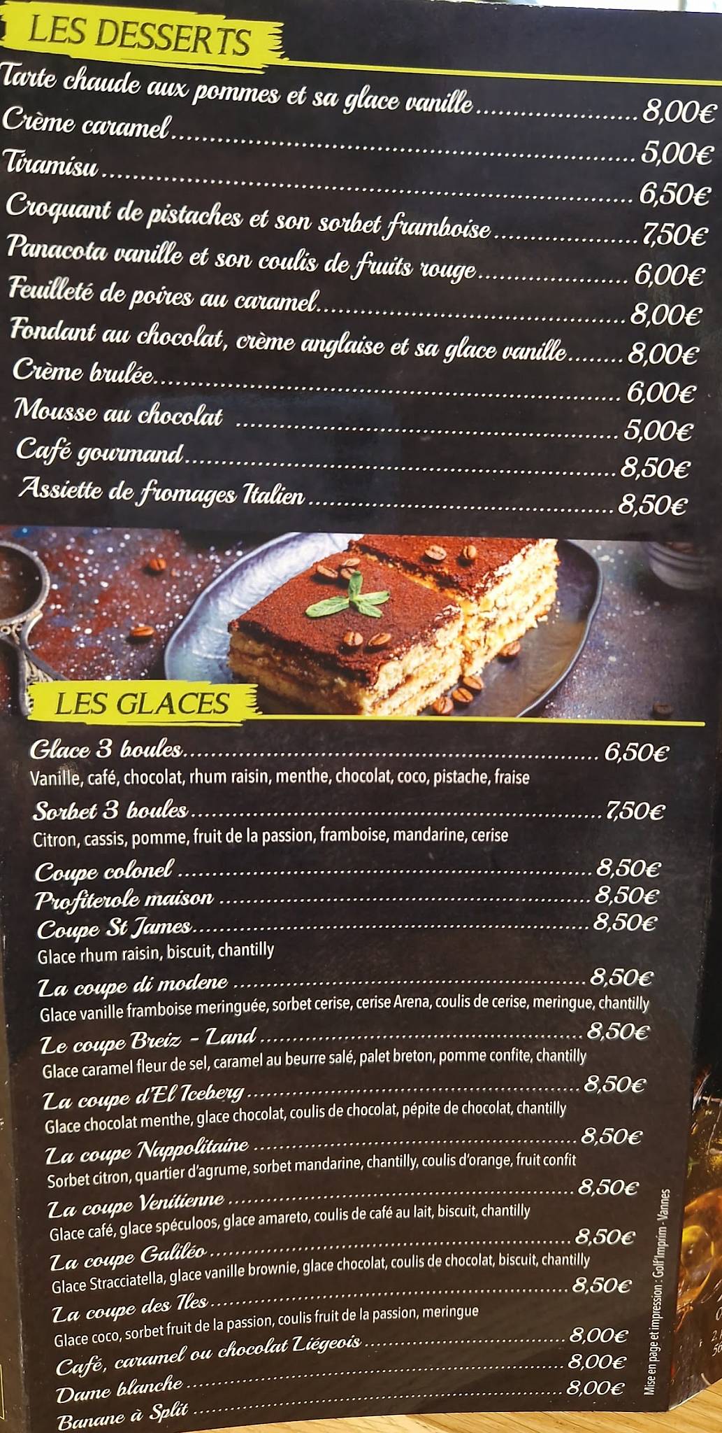 Menu au Galiléo restaurant, Erdeven