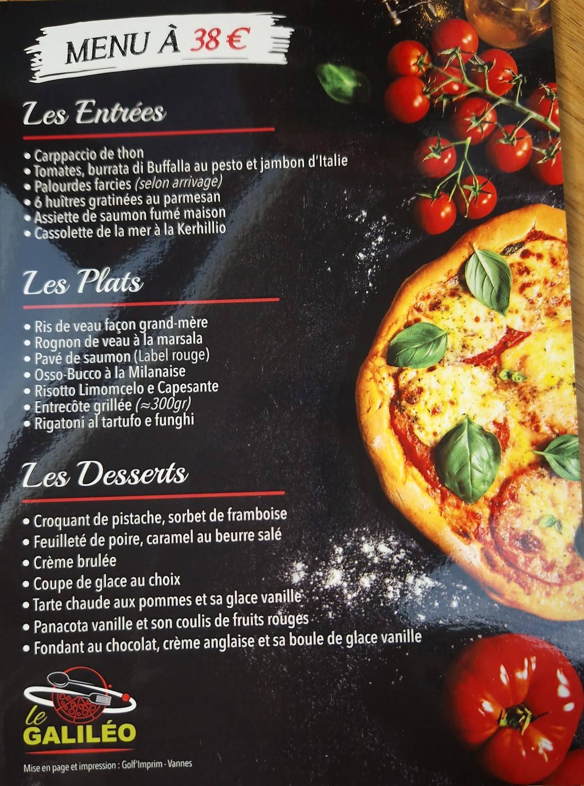 Menu au Galiléo restaurant, Erdeven