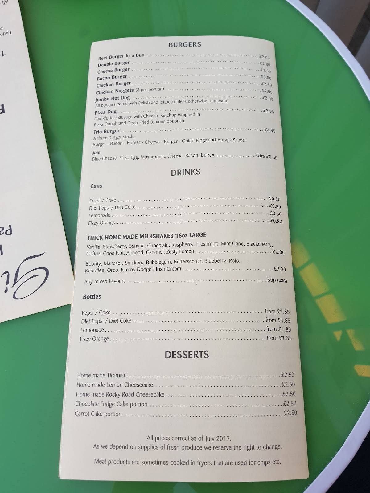 Menu at Giuseppe's fast food, Rushden