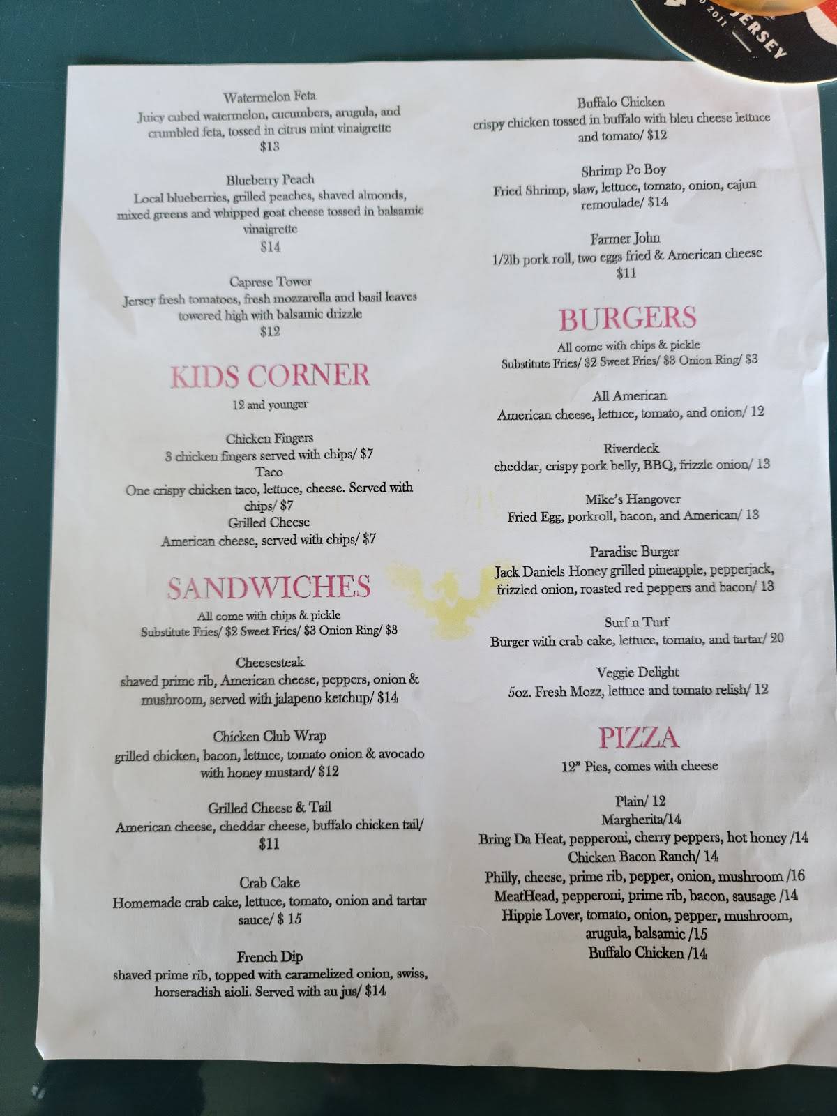 Menu at Sweetwater Marina and Riverdeck pub & bar, Hammonton
