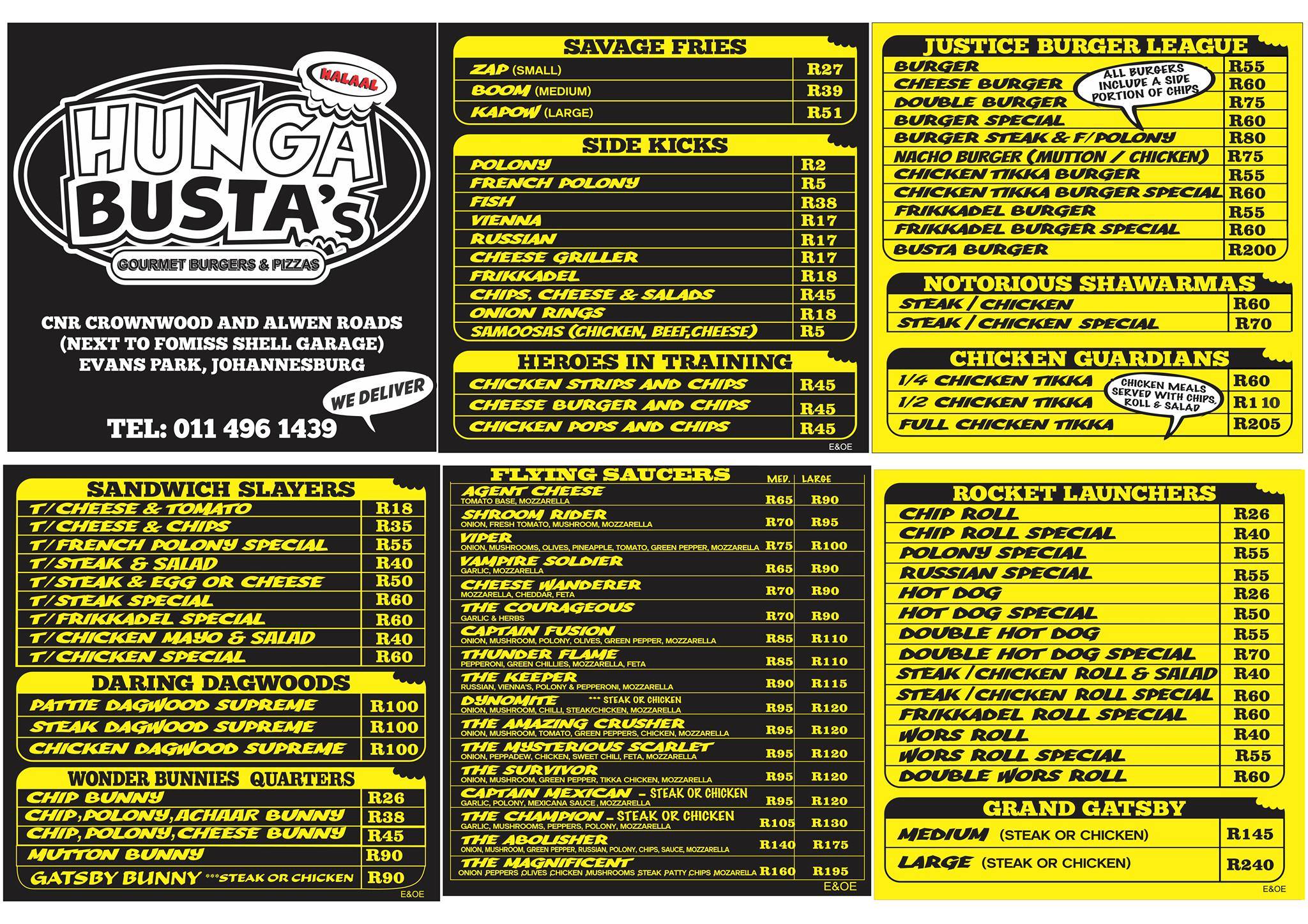 Menu at Hunga Bustas Ormonde restaurant, Johannesburg, 46 Alwen Rd