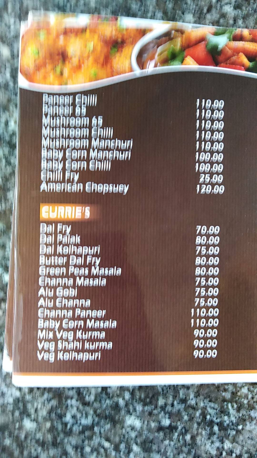 Menu at Indraprastha Hotel, India, NH 66