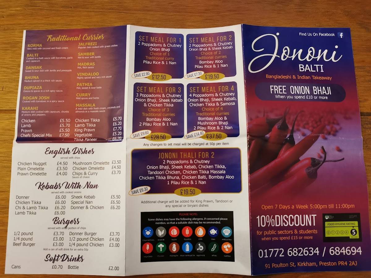 Menu at Jononi balti fast food, Freckleton