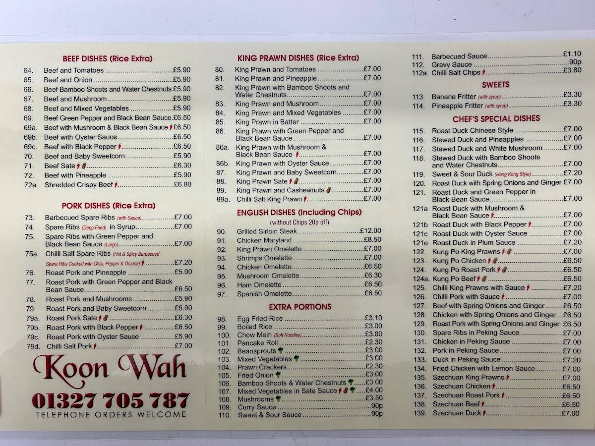 Menu at Koon Wah Chinese Takeaway fast food, Daventry