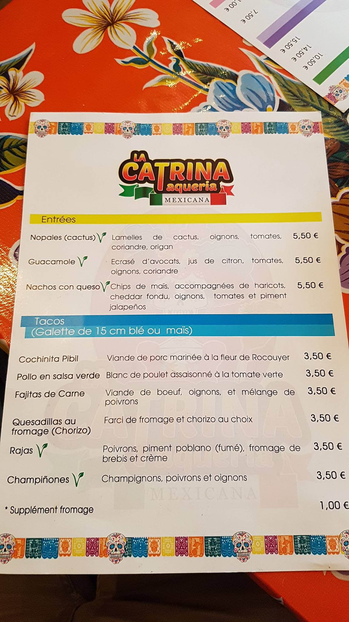 Menu at La Catrina restaurant, Paris