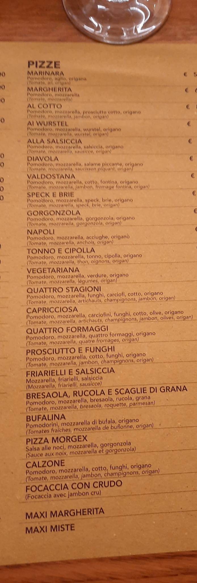 Carta del restaurante La Locanda, Morgex