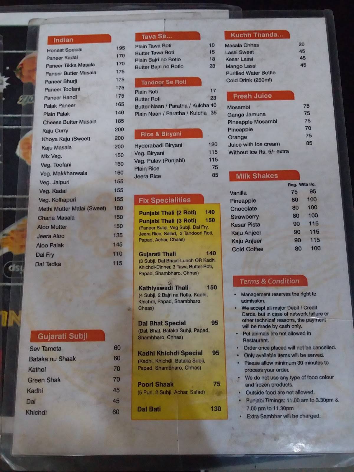 Menu at Hotel Honest, Limbdi