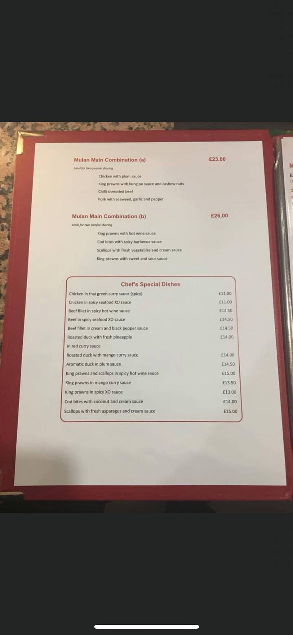 Menu at Mulan restaurant, Morpeth