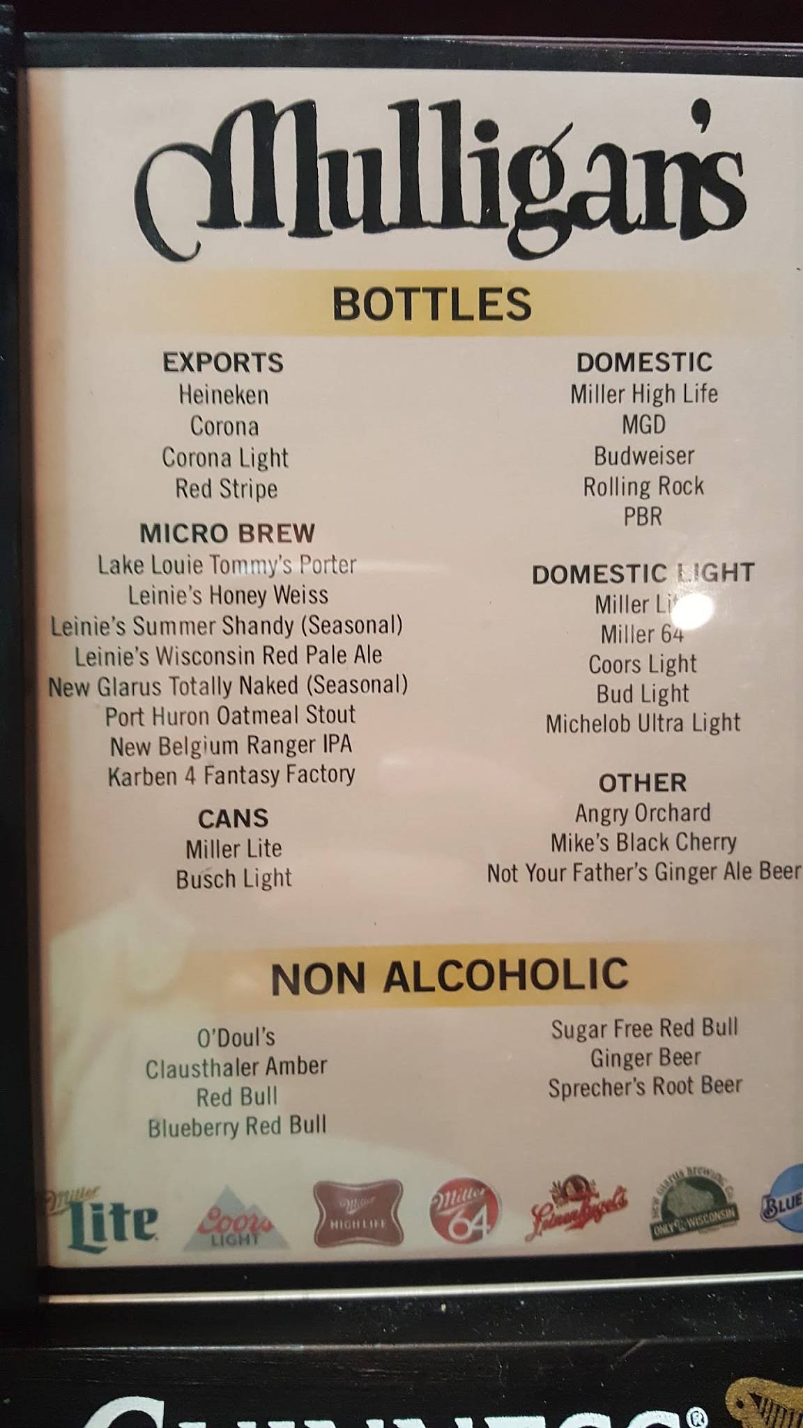 Menu at Mulligan's Bar & Grill, Oregon