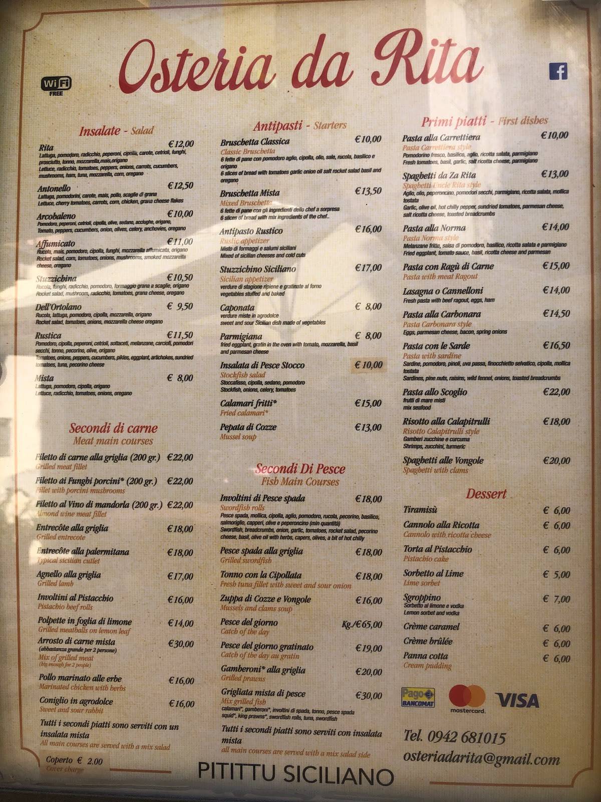 Menu at Osteria da Rita (dal 1991) restaurant, Taormina