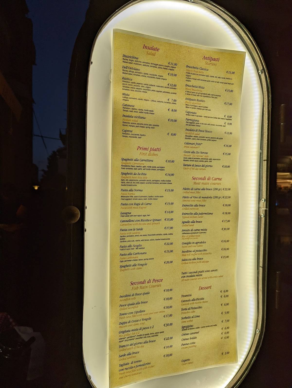 Menu at Osteria da Rita (dal 1991) restaurant, Taormina