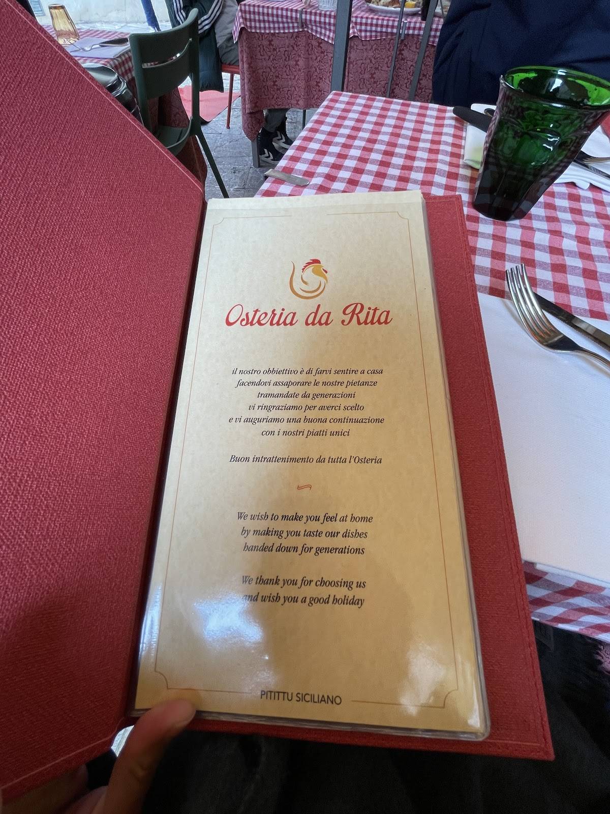 Menu at Osteria da Rita (dal 1991) restaurant, Taormina