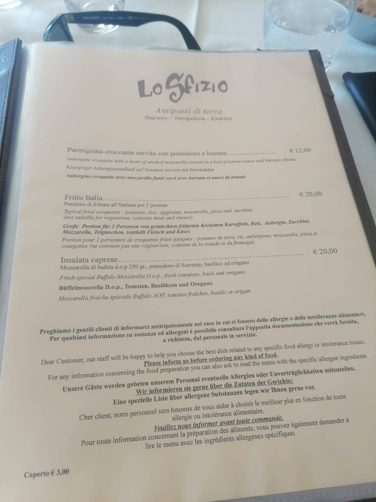 Menu at Lo Sfizio pizzeria, Capri