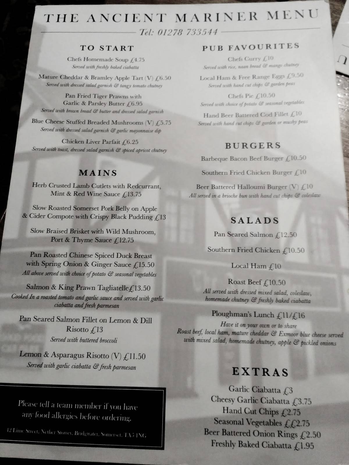 Menu at The Ancient Mariner pub & bar, Nether Stowey