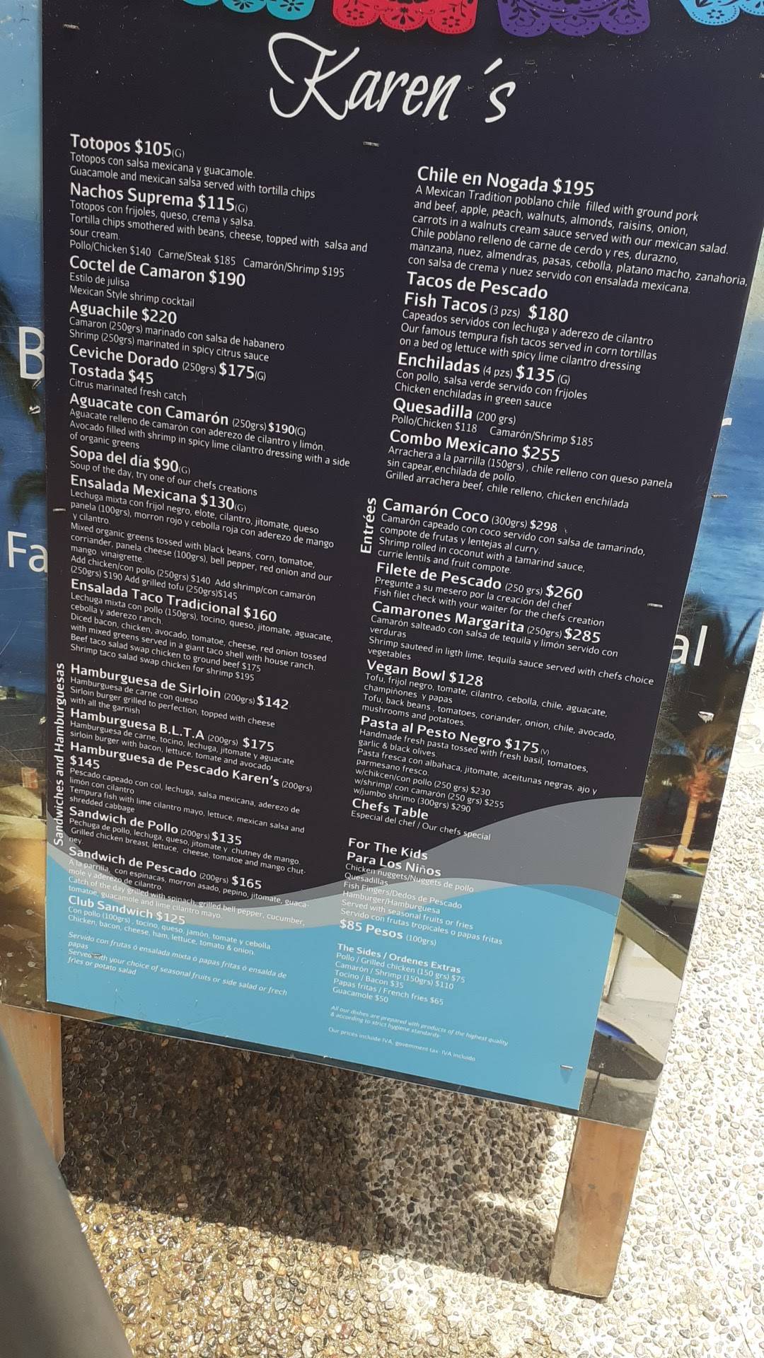 Menu at Karen’s Place restaurant, Bucerías
