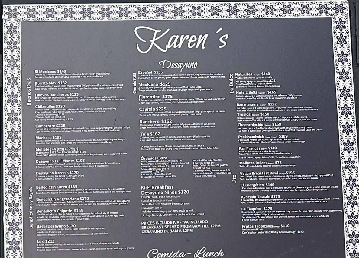 Menu at Karen’s Place restaurant, Bucerías