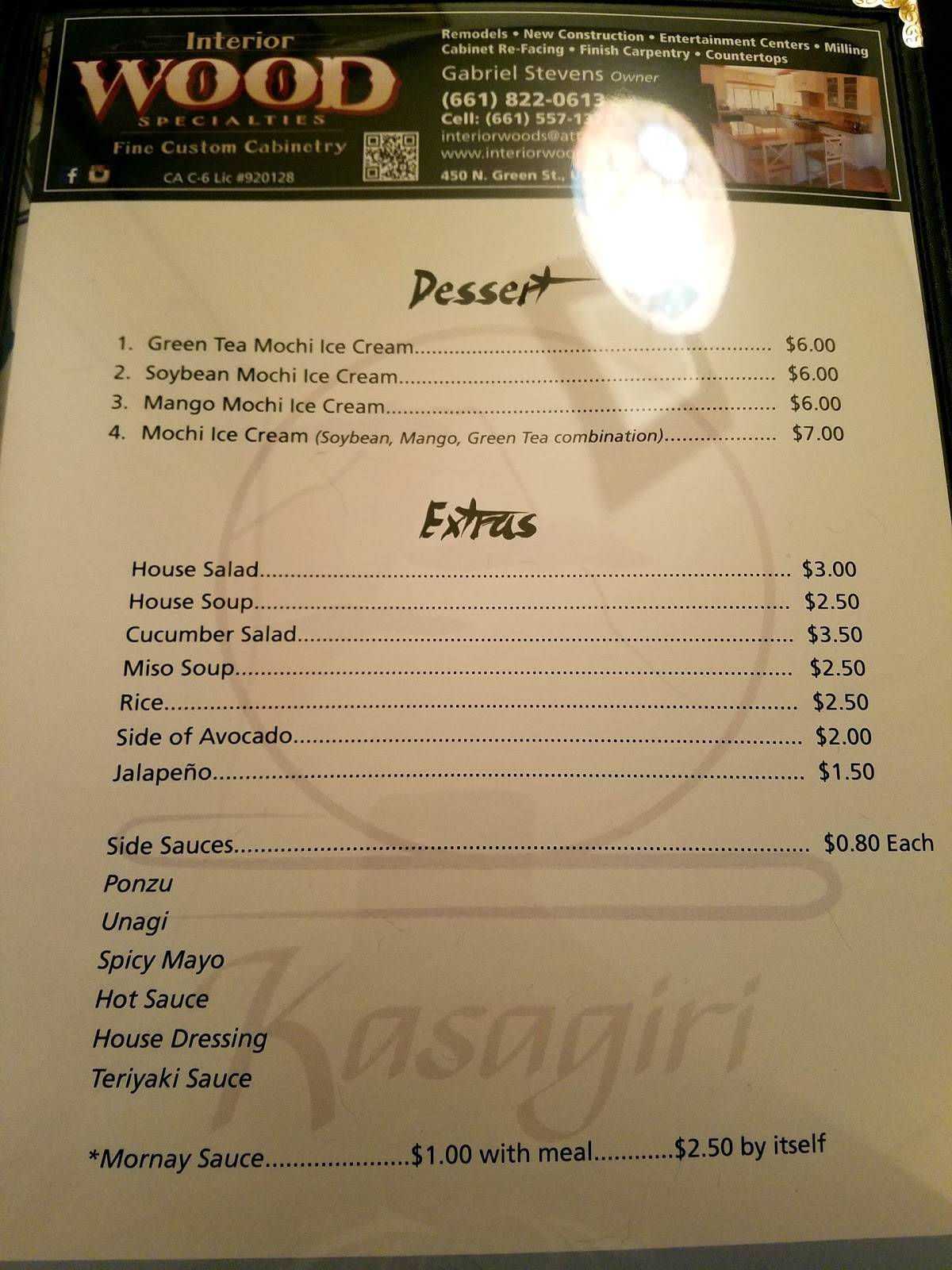 Menu at Kasagiri Restaurant, Tehachapi